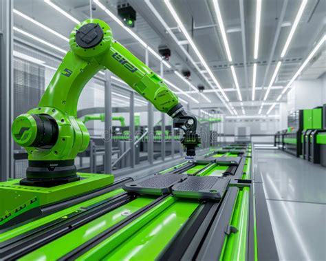 Modern Robotic Arm In An Automated Industrial Assembly Line Environment With Green Accents And