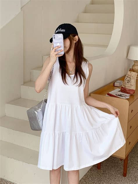 냉장고 민소매 나시 프릴 핀턱 플레어 캉캉 순면 면 미디 원피스 여름 바캉스 순면 드레스 H라인 S M L 44 55 66 흰 흰색 하얀 백색 화이트 아이보리 블랙 검정