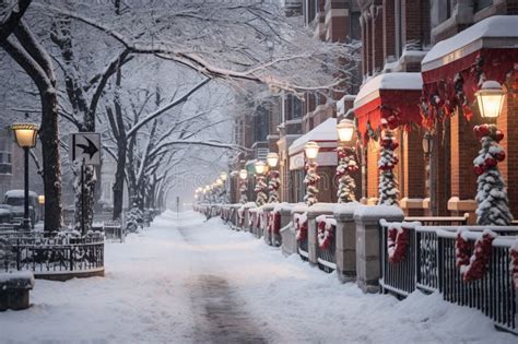 Snow Covered Streets Of A Big City With Christmas Decorations At The