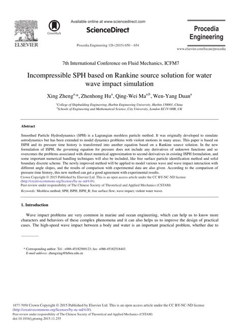 Pdf Incompressible Sph Based On Rankine Source Solution For Water Wave Impact Simulation