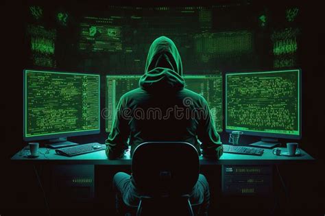 Minimalistic Concept Of Alone Hacker Programmer Surrounded By Green Programming Codes In A Dark