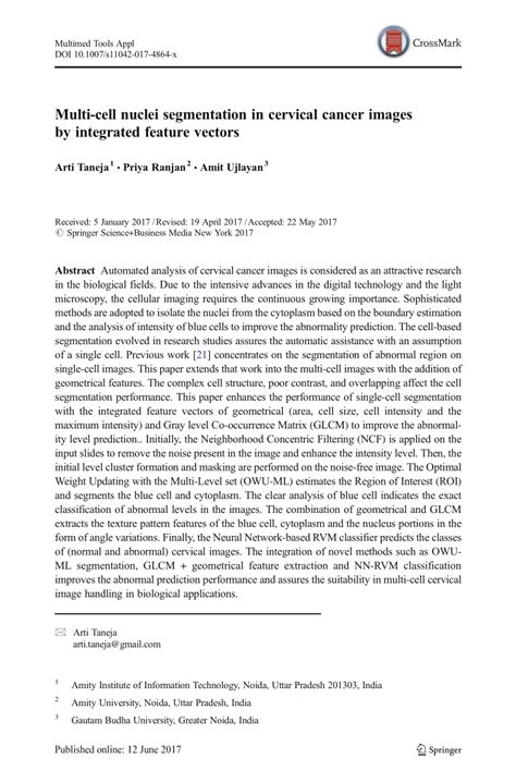 Pdf Multi Cell Nuclei Segmentation In Cervical Cancer Images By Integrated Feature Vectors