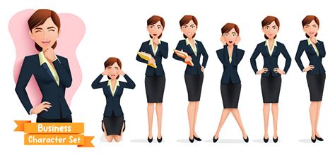 비즈니스 우먼 문자 벡터 세트입니다 여성 직원 컬렉션 디자인을 위한 자세 사고 무릎을 꿇고 포즈를 취하고 제스처를 취하는 비즈니스 우먼 캐릭터 만화에 대한 스톡 벡터 아트