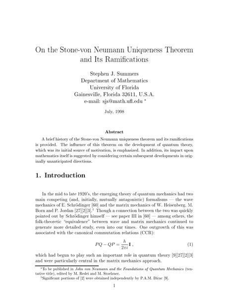 Pdf On The Stone Von Neumann Uniqueness Theorem And Its Ramifications