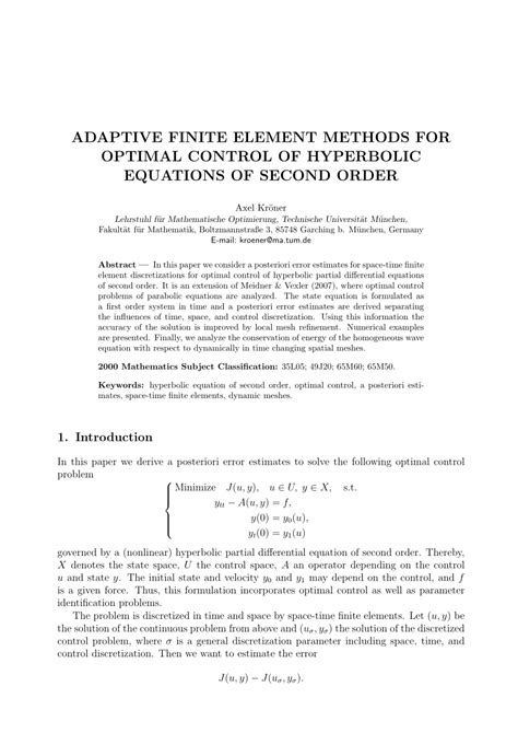 Pdf Adaptive Finite Element Methods For Optimal Control Of Second