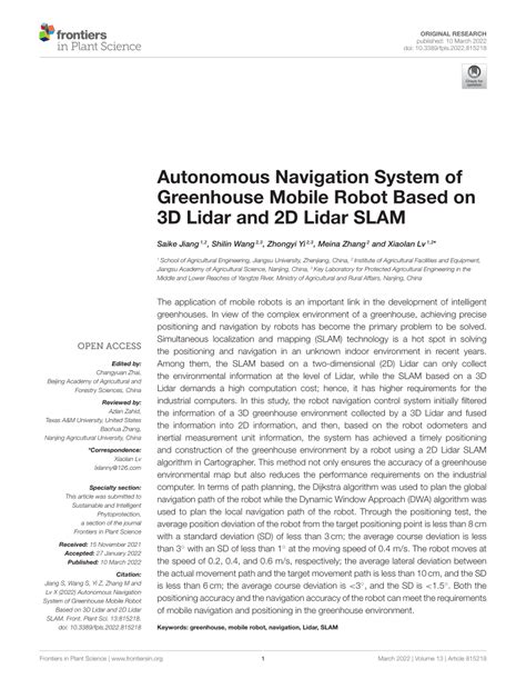 PDF Autonomous Navigation System Of Greenhouse Mobile Robot Based On D Lidar And D Lidar SLAM