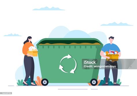 평평한 그림에서 배너 배경 및 웹에 적합한 생태 환경을 보호하기 위해 휴지통 유기 종이 또는 플라스틱으로 재활용 공정 감소에 대한 스톡 벡터 아트 및 기타 이미지 Istock