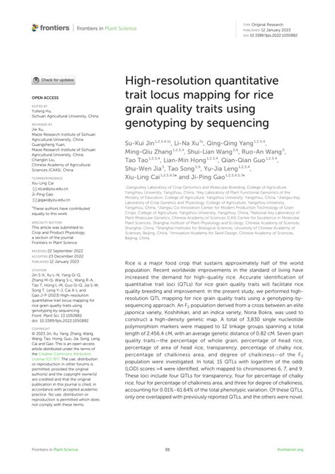Pdf High Resolution Quantitative Trait Locus Mapping For Rice Grain Quality Traits Using