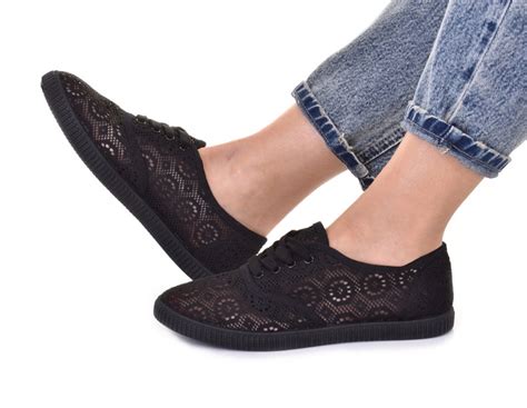 Sznurowane Buty Czarne Trampki Damskie Wiosenne Ażurowe Tenisówki P3 • Cena Opinie • Trampki