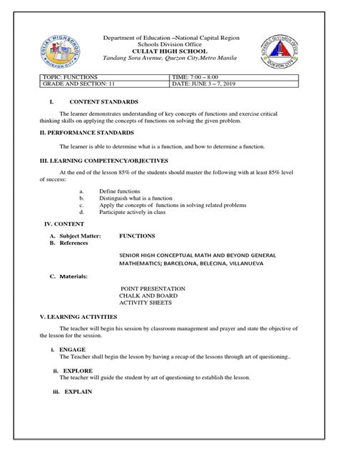 Detailed Lesson Plan In Genmath 1 Functions Pdf Function