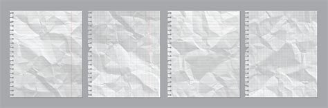 현실적인 구겨진 종이 시트 세트입니다 회색 배경에 고립된 주름이 있는 정사각형과 줄지어 있는 종이의 빈 페이지 벡터 일러스트 레이 션 0명에 대한 스톡 벡터 아트 및 기타