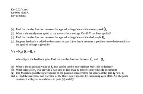 Solved The Mathematical Model For The DC Motor Shown In The Chegg