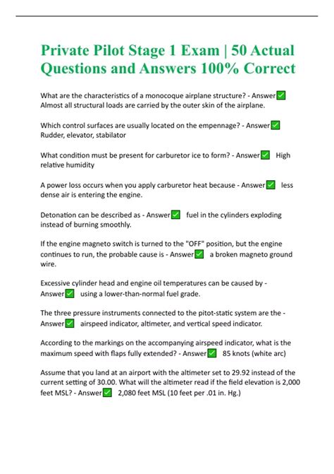 Private Pilot Stage 1 Exam 50 Actual Questions And Answers 100