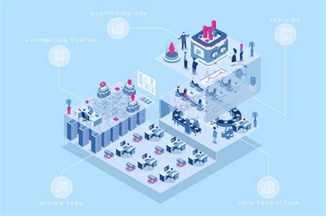 Cryptocurrency Mining 3d Isometric Concept For Web Design People In Isometry Rooms Working In