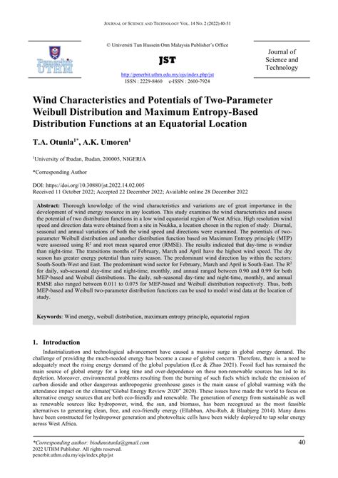 PDF Wind Characteristics And Potentials Of Two Parameter Weibull
