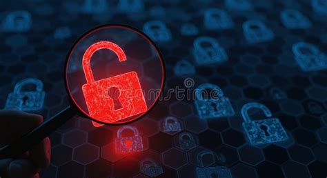 Cybersecurity Breach Red Glowing Unlocked Padlock Under Magnifying Glass Stock Illustration