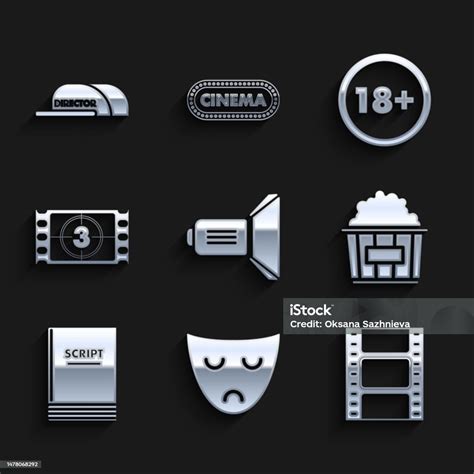 영화 스포트라이트 드라마 연극 마스크 비디오 재생 골판지 상자에 팝콘 시나리오 18세 미만 및 비문 감독 아이콘이 있는 모자를 설정합니다 벡터 18에 대한 스톡 벡터 아트