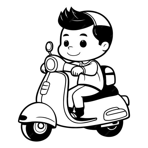 색 배경 에 고립 된 스쿠터 를 타고 있는 소년 프리미엄 Ai 생성 벡터