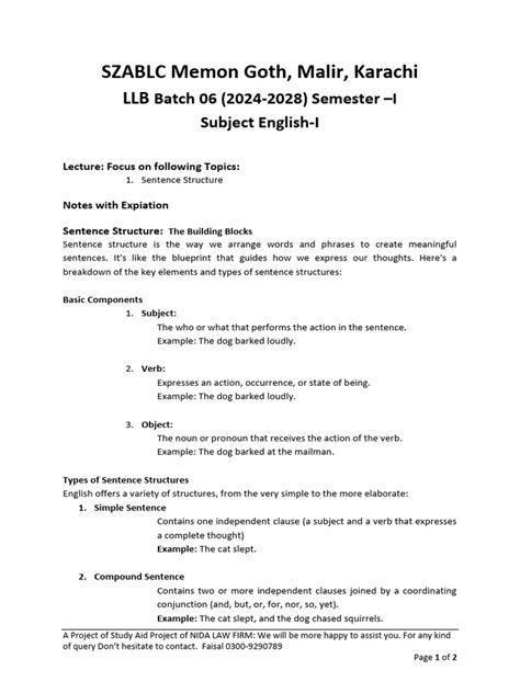 English I Sentence Structure Guide Pdf Sentence Linguistics Subject Grammar