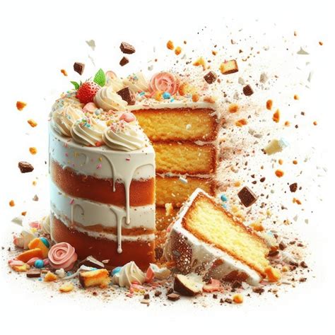 Premium Photo Cake With Floating Crumbs Isolated On White Background