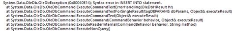 C Oledb Executenonquery Syntax Error In Insert Into Stack Overflow