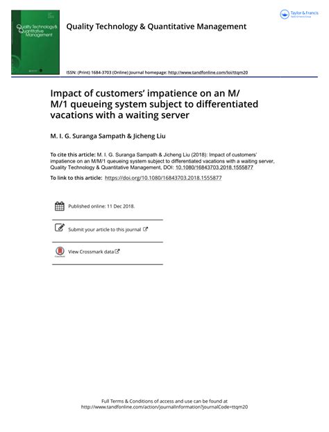 Pdf Impact Of Customers Impatience On An Mm1 Queueing System