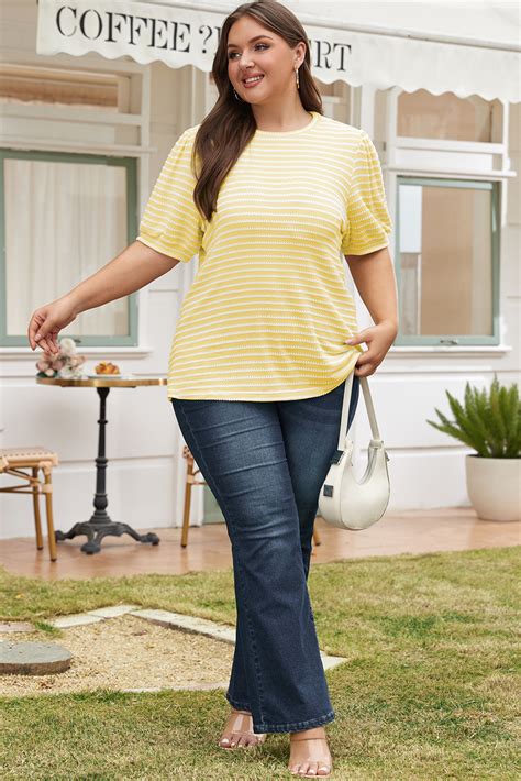 Yellow Stripe Short Puff Sleeve Plus Size Jumper Lost Civilisation
