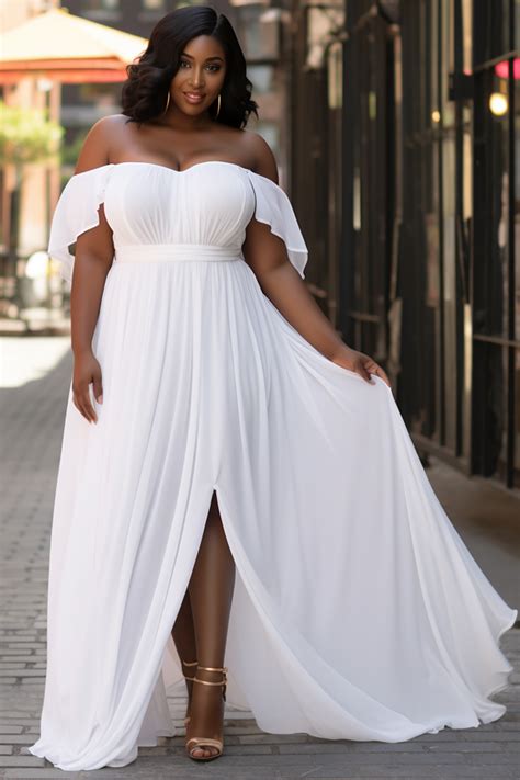 Xpluswear Design Plus Size Vacation Elegant White Off The Shoulder Cap Sleeve Split Chiffon