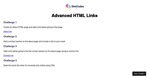advanced html links solution codesandbox