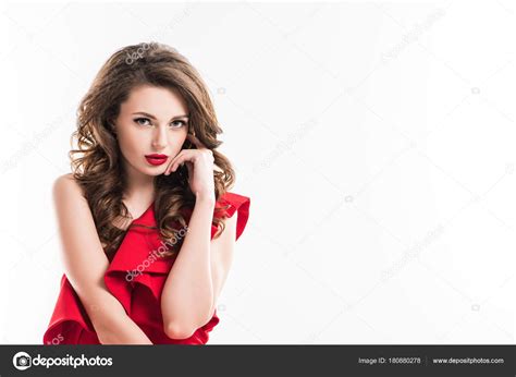 Fashionable Seductive Girl Touching Face Hand Looking Camera Isolated