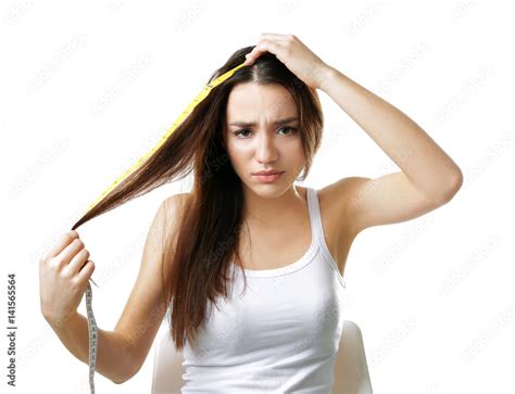 Babe Woman Measuring Hair Length On White Background Stock Photo Adobe Stock