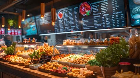 Restaurant Counter Filled With A Wide Array Of Dishes And Food Items