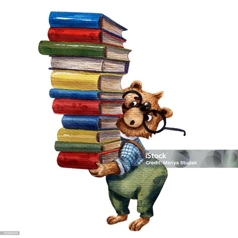 귀여운 곰의 수채화 그림 동공 캐릭터 초등학교 일러스트 만화 스타일 학교 물건 그림 책 그림 책을 가진 작은 영리한 소년 어린이 도서관 책에 대한 스톡 벡터 아트 및 기타