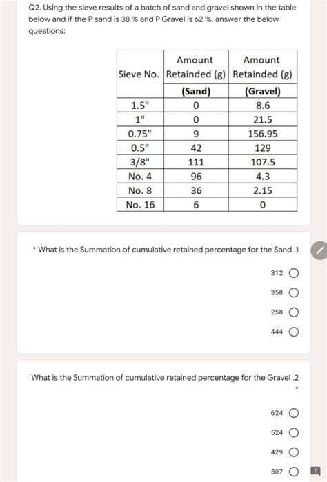 solved q2 using the sieve results of a batch of sand and