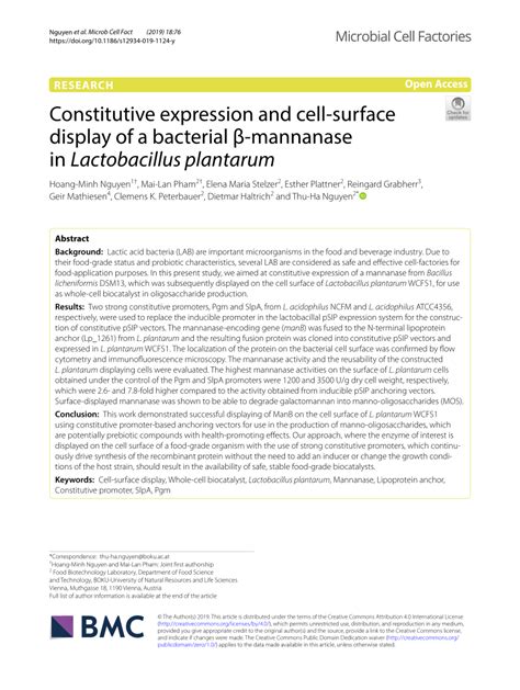 Pdf Constitutive Expression And Cell Surface Display Of A Bacterial β Mannanase In