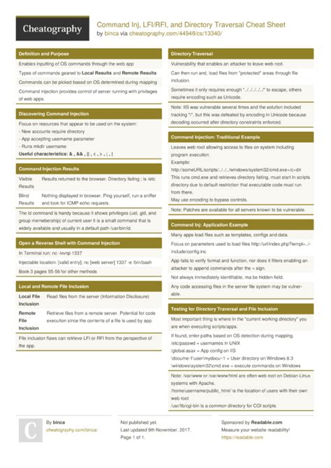 command inj lfi rfi and directory traversal cheat sheet by binca