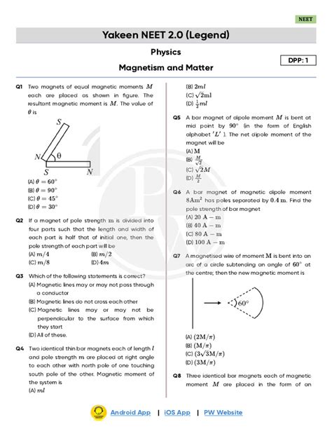 Magnetism And Matter Dpp 01 Of Lec 02 Yakeen 2 0 2024 Legend Pdf Applied And