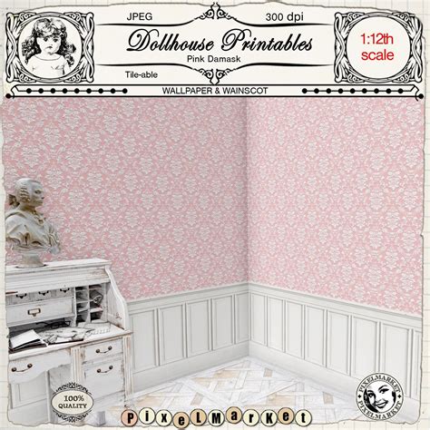 Dollhouse Printable Wallpaper With Wainscoting Pink Damask Wall
