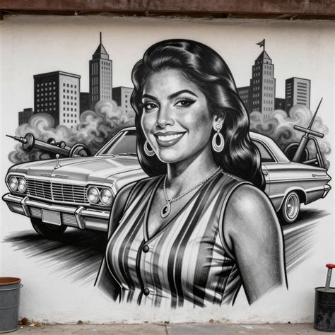 Chicano Art Mural With Woman And Lowrider