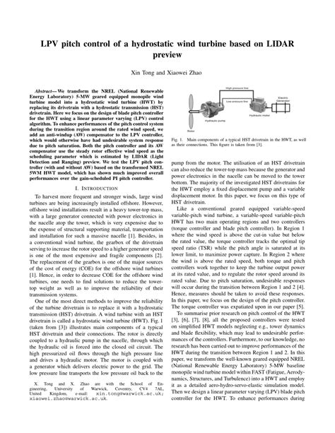 Pdf Lpv Pitch Control Of A Hydrostatic Wind Turbine Based On Lidar