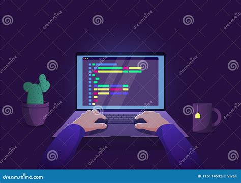 man programmer working on computer with code on screen illustration