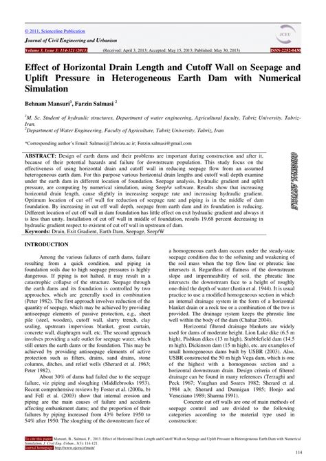 Pdf Effect Of Horizontal Drain Length And Cutoff Wall On Seepage And