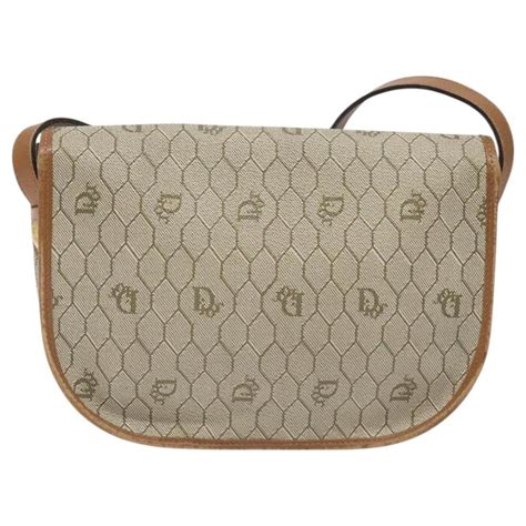 Christian Dior Vintage Honeycomb Flap Crossbody Bag Coated Canvas Beige