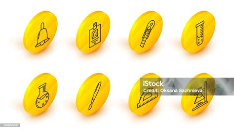 불에 선 유리 시험관 플라스크 각도 측정을위한 각도기 그리드 페인트 브러시 테스트 및 화학 실험실 문구 칼 식별 배지 및 울리는 벨 아이콘 벡터 3차원 형태에 대한 스톡