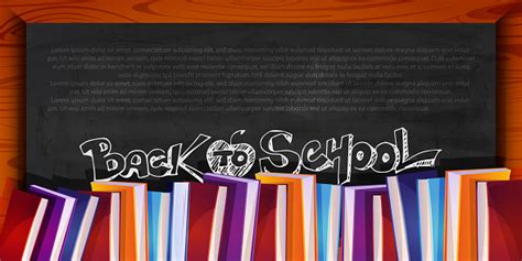 만화 스타일의 초등학교 교육의 개념 텍스트를위한 공간이있는 교육위원회의 배경에있는 책과 교과서 세트 온라인 주문 웹 페이지 앱 디자인을위한 세련된 그림 프레임에 대한 스톡