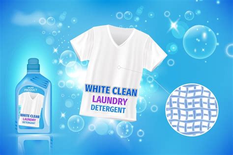 흰색 옷이 걸려 있는 벡터 광고 깨끗한 세탁 세제와 3d 제품 프리미엄 벡터