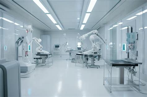 Cleanroom With Robotic Arms And Hands Working On Delicate Electronic Components Stock