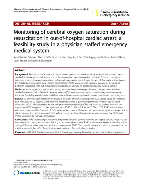 Pdf Monitoring Of Cerebral Oxygen Saturation During Resuscitation In Out Of Hospital Cardiac