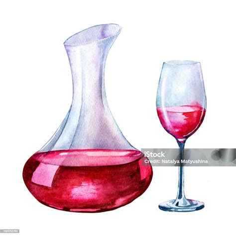레드 와인 또는 음료와 유리 우유통 디켄터 및 유리 흰색 배경에 격리 된 손 수채화 그림입니다 메뉴 카페 라운지 템플릿 배경의 디자인 디캔터에 대한 스톡 벡터 아트 및 기타