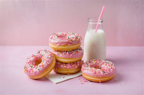 Pink Frosted Donuts Stacked With Milk Bottle And Pink Straw On Napkin Stock Illustration Pink Frosted Donuts Stacked With Milk Bottle And Pink Straw On Napkin Stock Illustration
